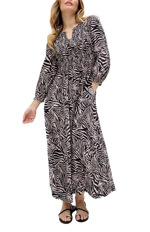 RAFFYA Shirred Bodice Zebra Print Maxi Dress