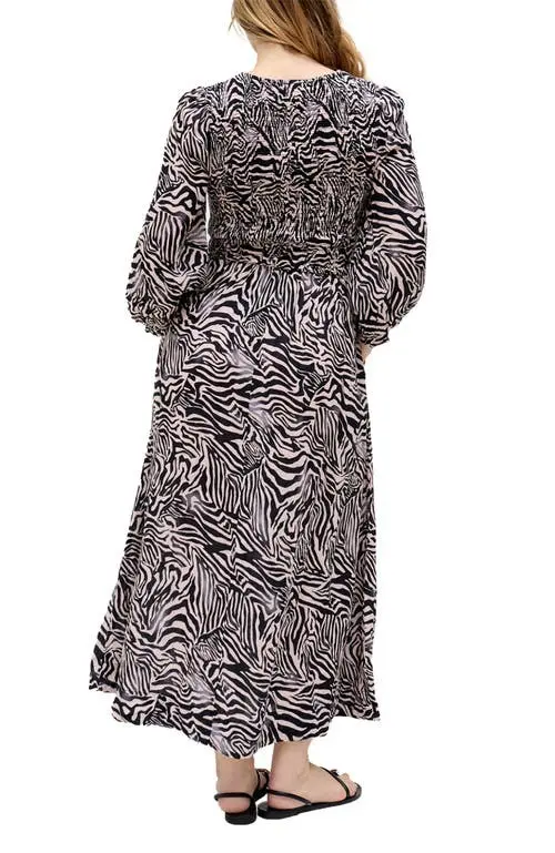 RAFFYA Shirred Bodice Zebra Print Maxi Dress