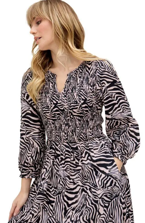 RAFFYA Shirred Bodice Zebra Print Maxi Dress