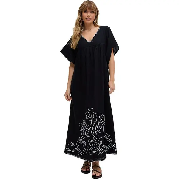 RAFFYA Candy Tabard Embroidered Hem Midi Dress