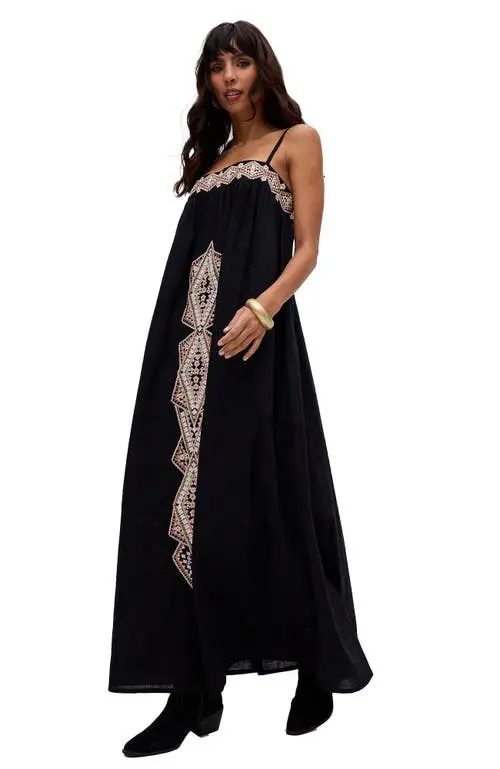 RAFFYA Embroidered Spaghetti Strap Maxi Dress - Black