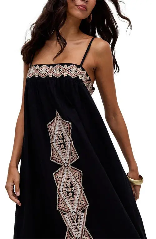 RAFFYA Embroidered Spaghetti Strap Maxi Dress - Black