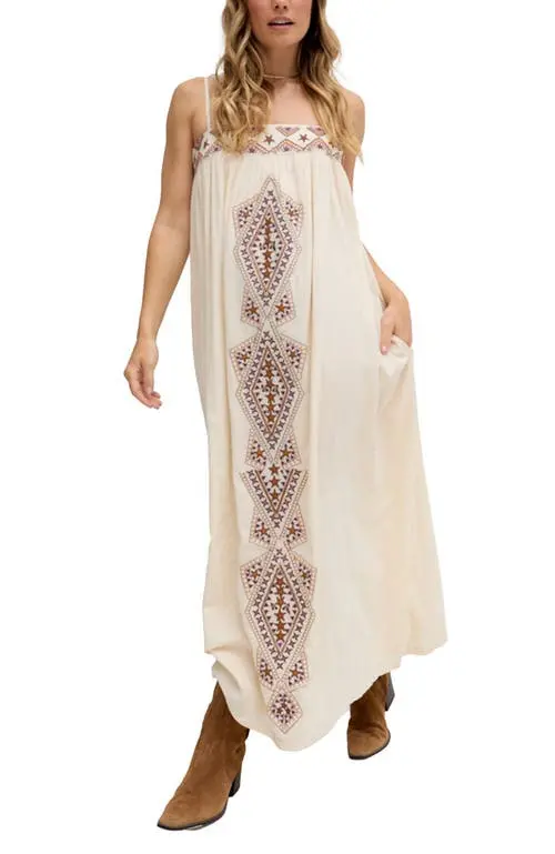 RAFFYA Embroidered Spaghetti Strap Maxi Dress - Cream