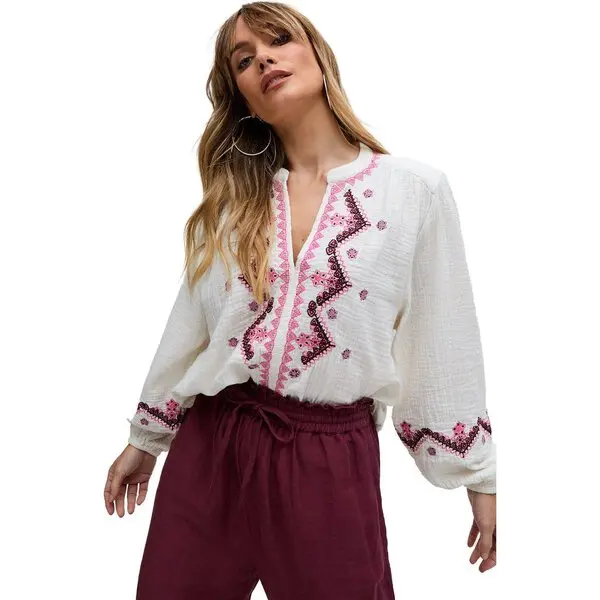 RAFFYA Dina V-neck Embroidered Blouse