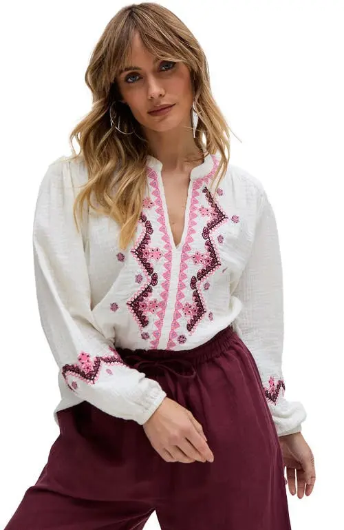 RAFFYA Dina V-neck Embroidered Blouse