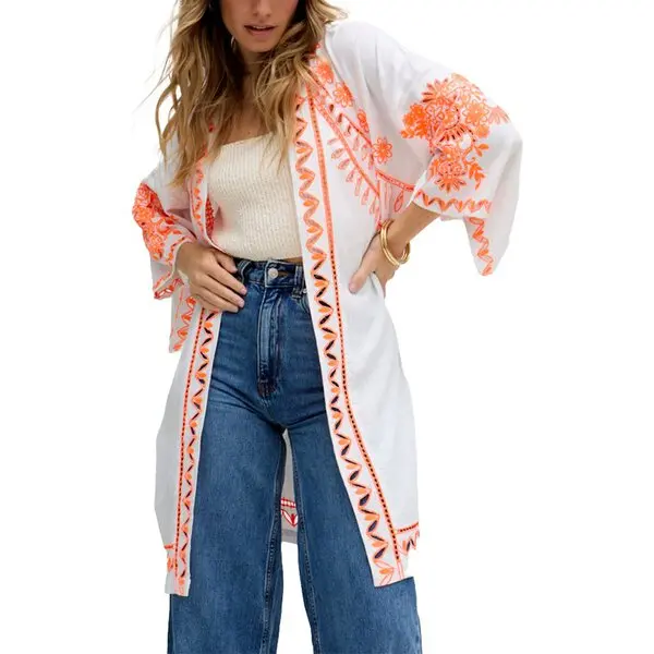 RAFFYA Embroidered Linen-viscose Kimono - White