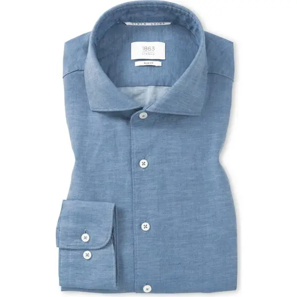 1863 BY ETERNA Slim Fit Cotton & Linen Dress Shirt - Blue