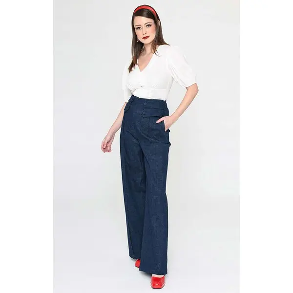 Unique Vintage High Waist Wide Leg Pants - Denim Blue