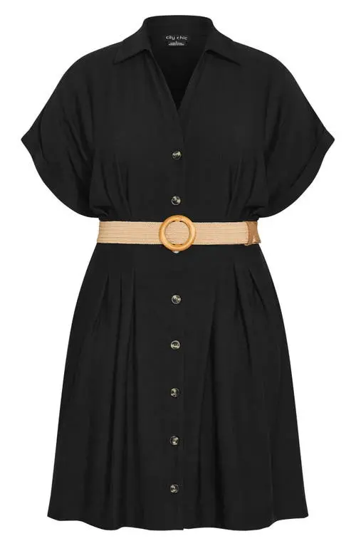 City Chic Jade Belted Shirtdress - Black