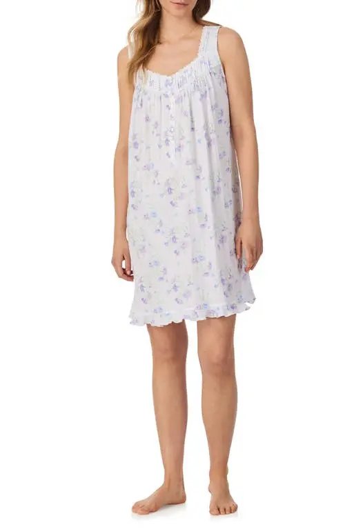 Eileen West Floral Sleeveless Short Cotton Lawn Nightgown - White Blue