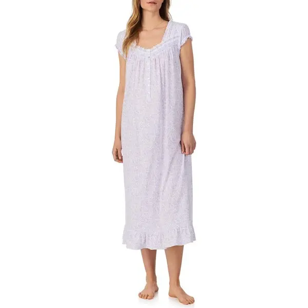 Eileen West Cap Sleeve Cotton Jersey Nightgown - White/lilac