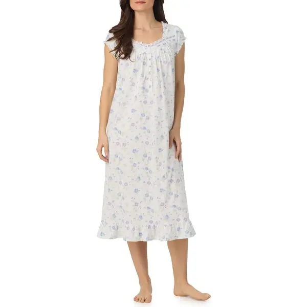 Eileen West Cap Sleeve Cotton Jersey Nightgown - White/print