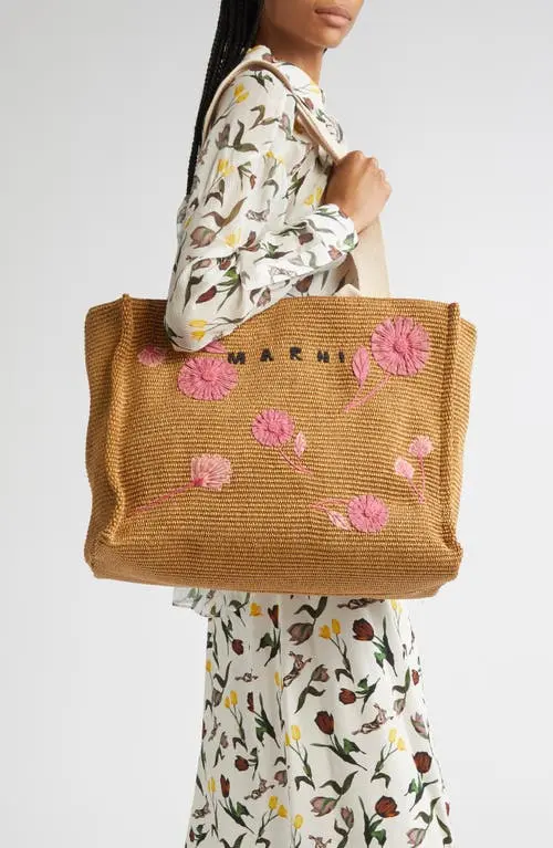 Marni Floral Embroidered Raffia Tote