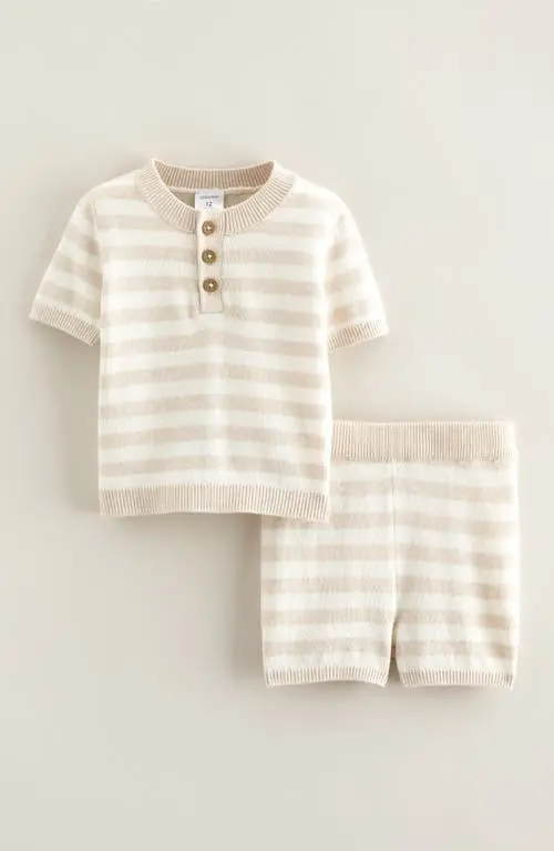 Nordstrom Stripe Knit Henley And Shorts Set - Beige Oatmeal Heather Stripe