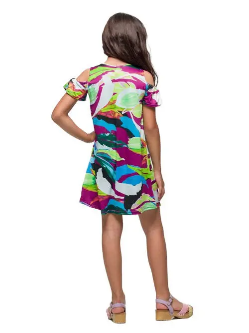24SEVENKID Multicolor Print Cold Shoulder A-line Dress - Purple Multi