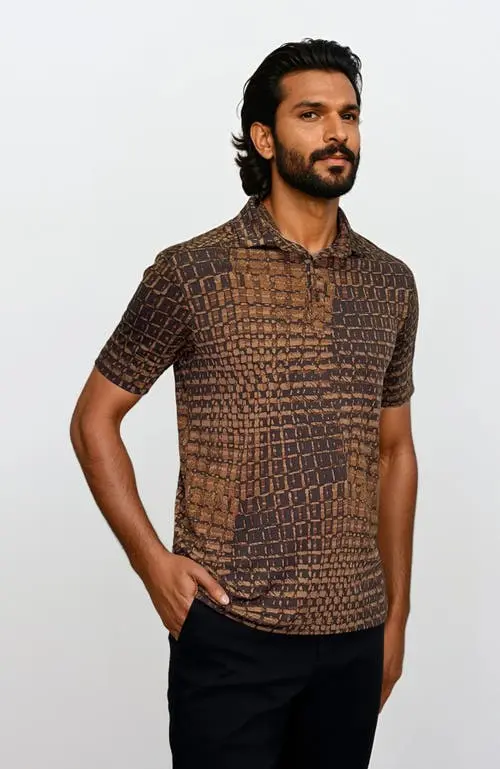 24SEVENMEN Wrinkle Resistant 3 Button Alligator Print Polo Shirt
