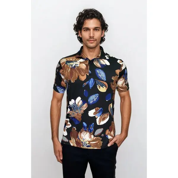 24SEVENMEN Wrinkle Resistant 3 Button Brown Floral Polo Shirt - Blue Multi