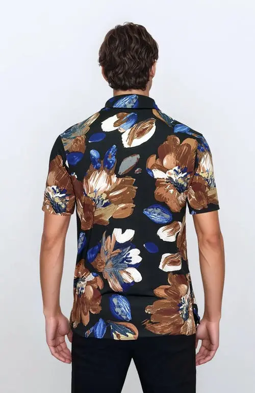 24SEVENMEN Wrinkle Resistant 3 Button Brown Floral Polo Shirt - Blue Multi