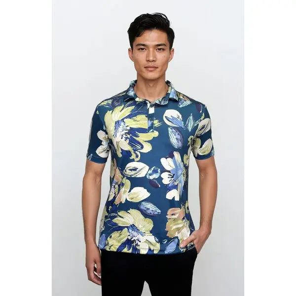 24SEVENMEN Wrinkle Resistant 3 Button Blue Floral Polo Shirt - Blue Multi