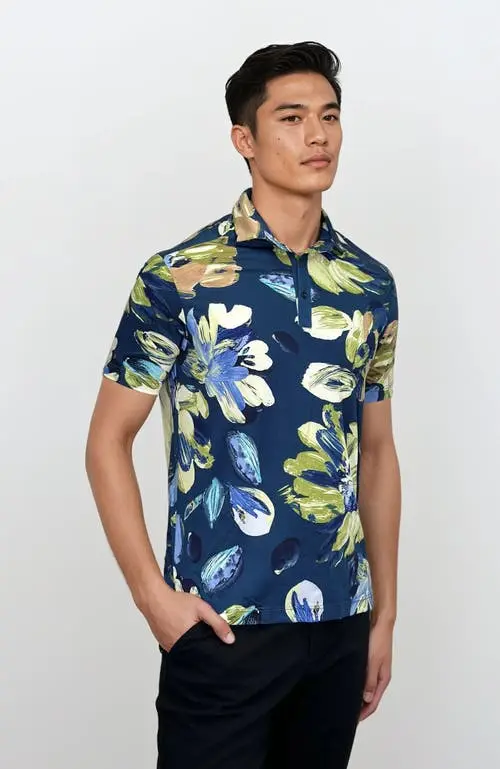 24SEVENMEN Wrinkle Resistant 3 Button Blue Floral Polo Shirt - Blue Multi