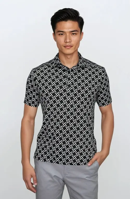 24SEVENMEN Wrinkle Resistant 3 Button Geometric Black Polo Shirt - Black Multi