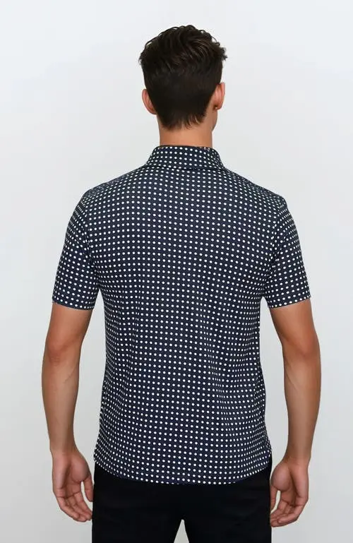 24SEVENMEN Wrinkle Resistant 3 Button Polka Dot Polo Shirt - Navy Multi