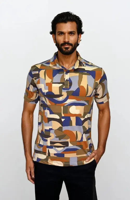 24SEVENMEN Wrinkle Resistant 3 Button Desert Sand Polo Shirt - Orange Multi