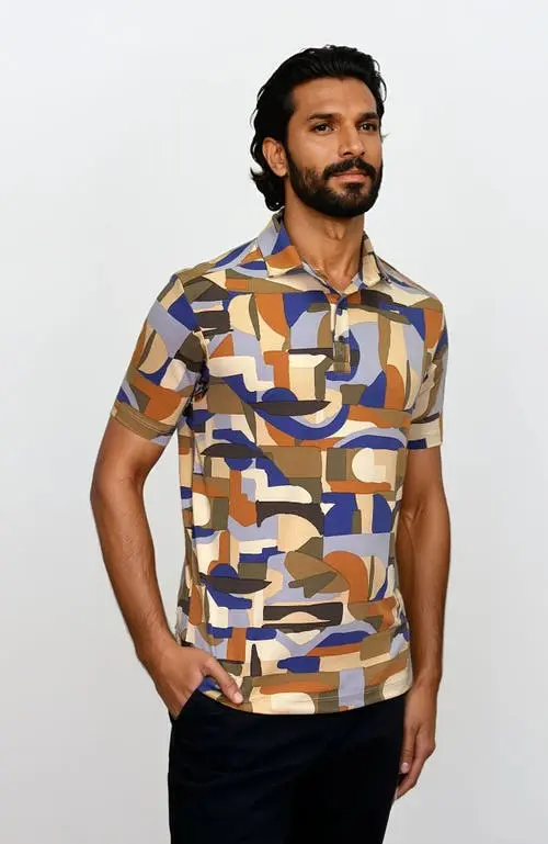 24SEVENMEN Wrinkle Resistant 3 Button Desert Sand Polo Shirt - Orange Multi