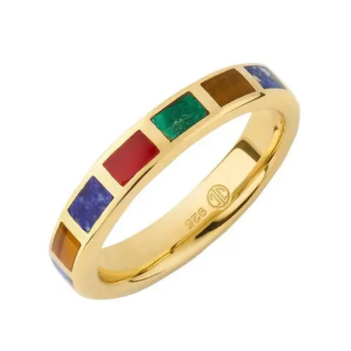 JAN LESLIE Dash Ring Set In Sterling Silver With Gold Overlay - Multi With Malachite