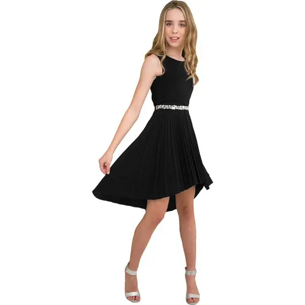 UN DEUX TROIS Pleated High-low Dress With Belt - Black