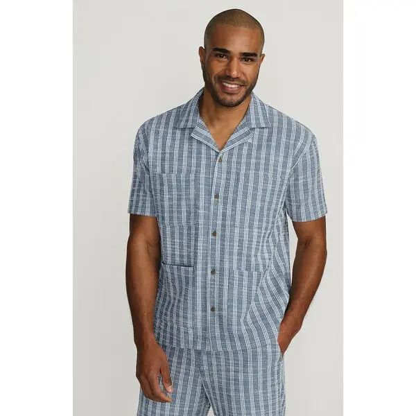 LANDS' END Short Sleeve Textured Jacquard Camp Collar Shirtset Top - Serene Blue Stripe