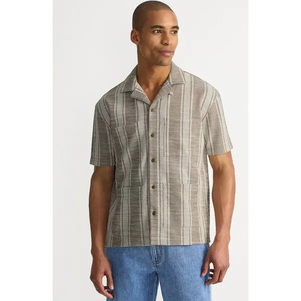LANDS' END Short Sleeve Textured Jacquard Camp Collar Shirtset Top - Toasted Rye Stripe
