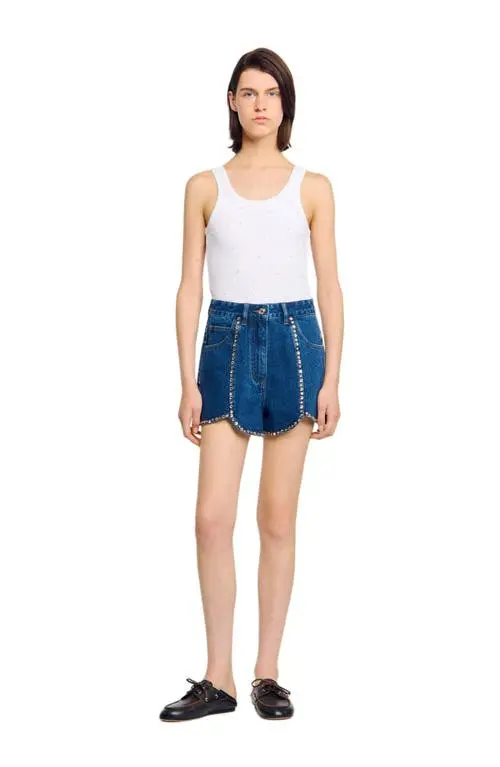 Sandro Rhinestone Denim Tulip Hem Shorts