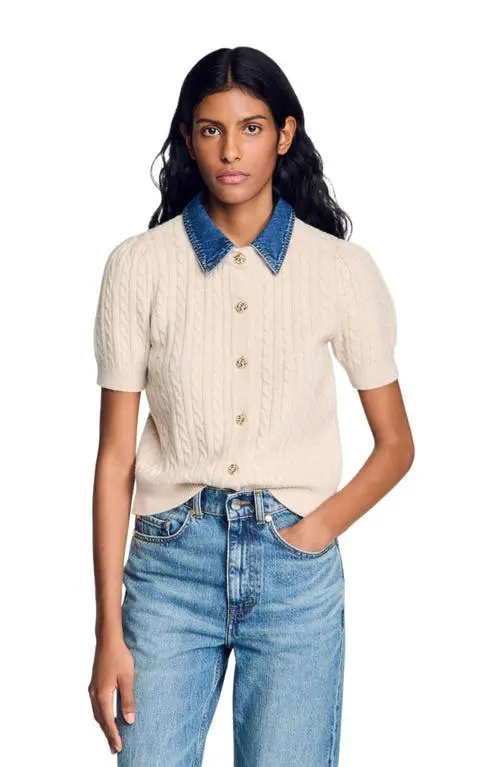 Sandro Cardigan With Detachable Denim Collar - Beige