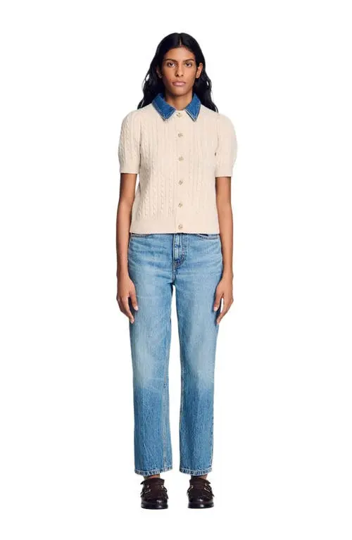 Sandro Cardigan With Detachable Denim Collar - Beige