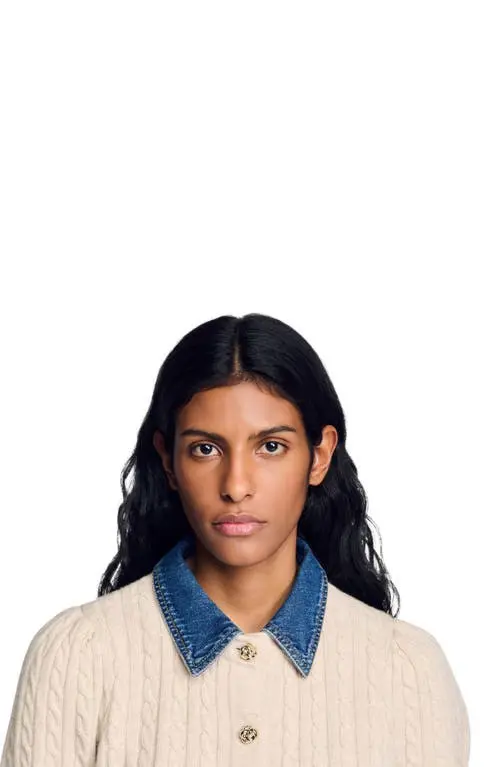 Sandro Cardigan With Detachable Denim Collar - Beige