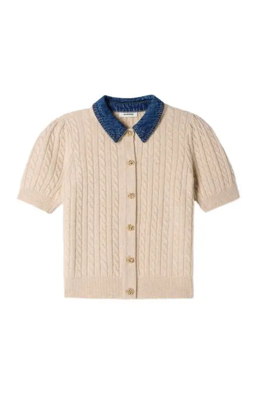 Sandro Cardigan With Detachable Denim Collar - Beige