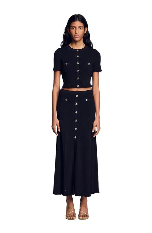 Sandro Pointelle Knit Midi Skirt - Black