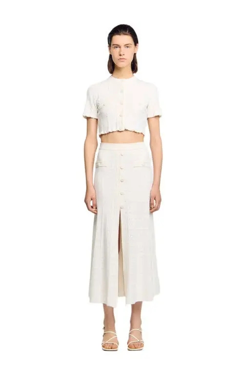 Sandro Pointelle Knit Midi Skirt - Ecru