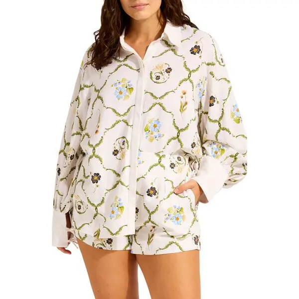 Seafolly Floral Linen Blend Cover-up Shirt - White