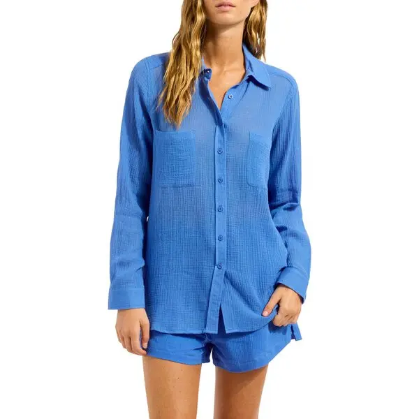 Seafolly Breeze Beach Button-up Cotton Gauze Cover-up Shirt - Sapphire
