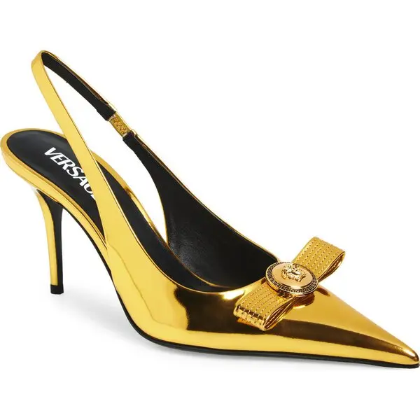 Versace Medusa Bow Metallic Slingback Pumps - Goldersace Gold