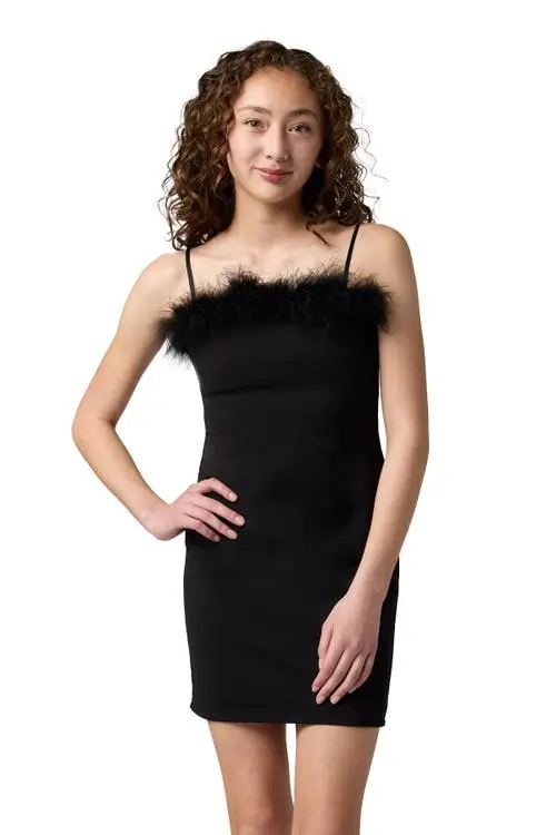 UN DEUX TROIS Thin Strap Feather Mini Dress