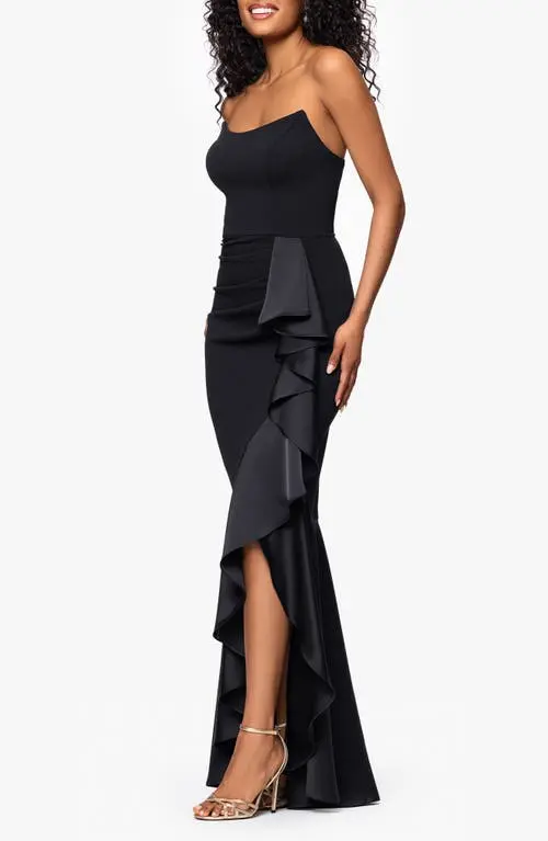 Betsy & Adam Satin Ruffle Detail Strapless Scuba Crepe Corset Gown - Black