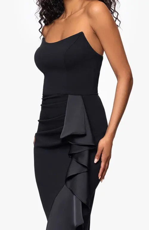 Betsy & Adam Satin Ruffle Detail Strapless Scuba Crepe Corset Gown - Black
