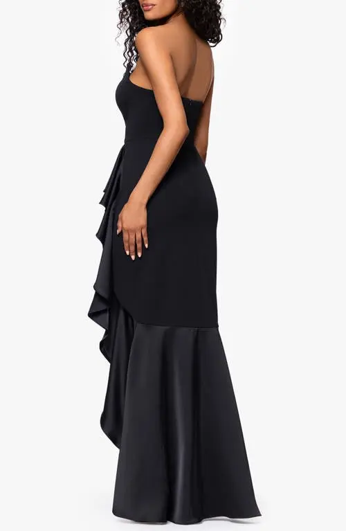Betsy & Adam Satin Ruffle Detail Strapless Scuba Crepe Corset Gown - Black