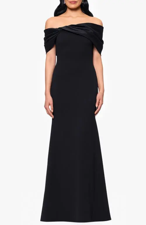 Betsy & Adam Off The Shoulder Crepe & Taffeta Sheath Gown