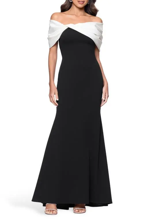 Betsy & Adam Off The Shoulder Crepe & Taffeta Sheath Gown - Black/white