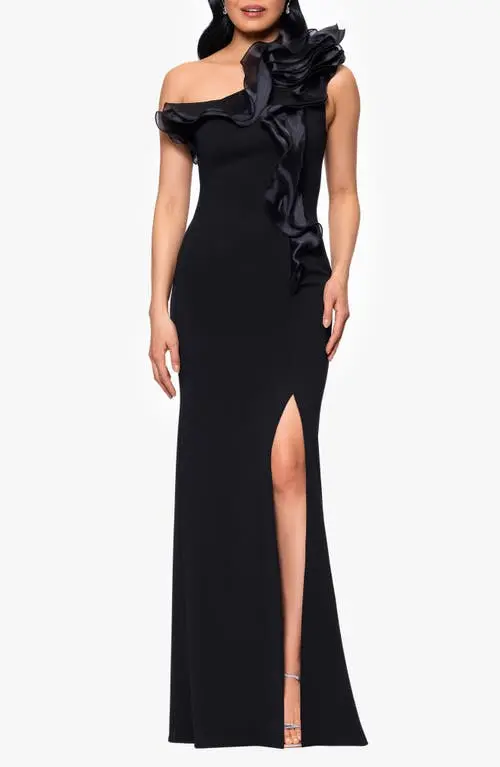 Betsy & Adam Organza Ruffle One-shoulder Scuba Crepe Gown - Black