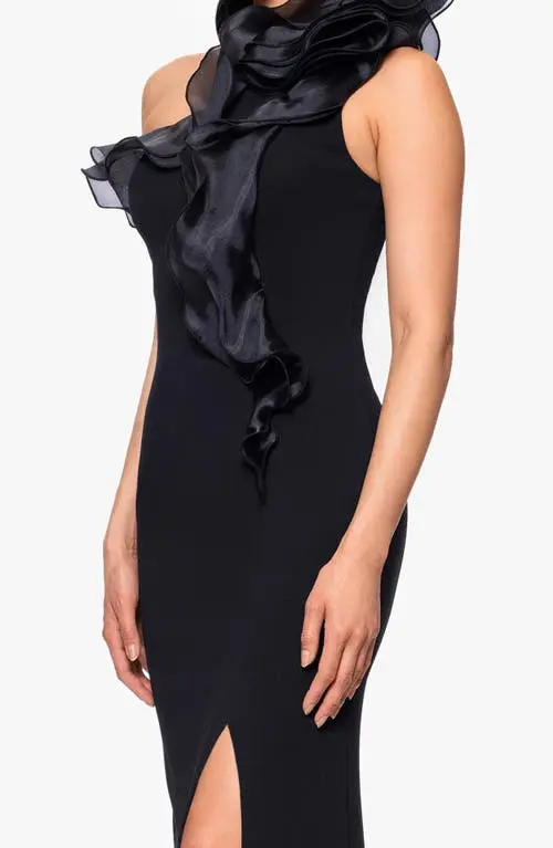 Betsy & Adam Organza Ruffle One-shoulder Scuba Crepe Gown - Black